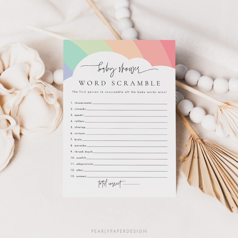Rainbow Baby Word Scramble Game Template, Boho Baby Shower Word ...