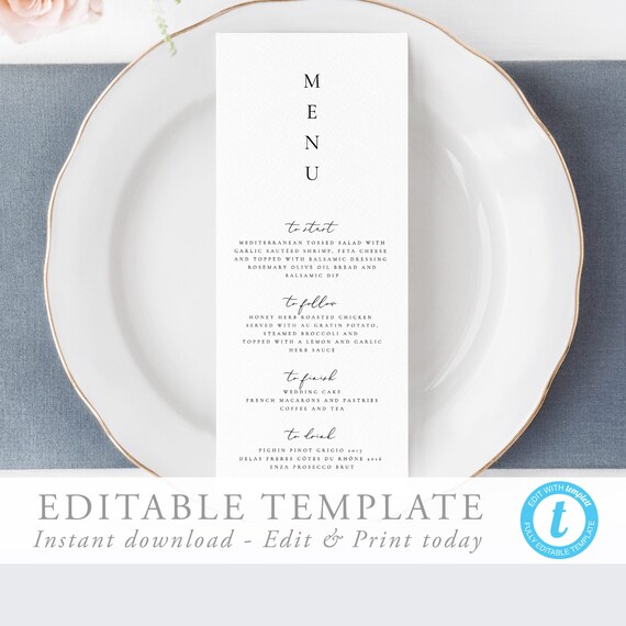 Modern Wedding Menu Template Editable Wedding Menu Elegant | Etsy