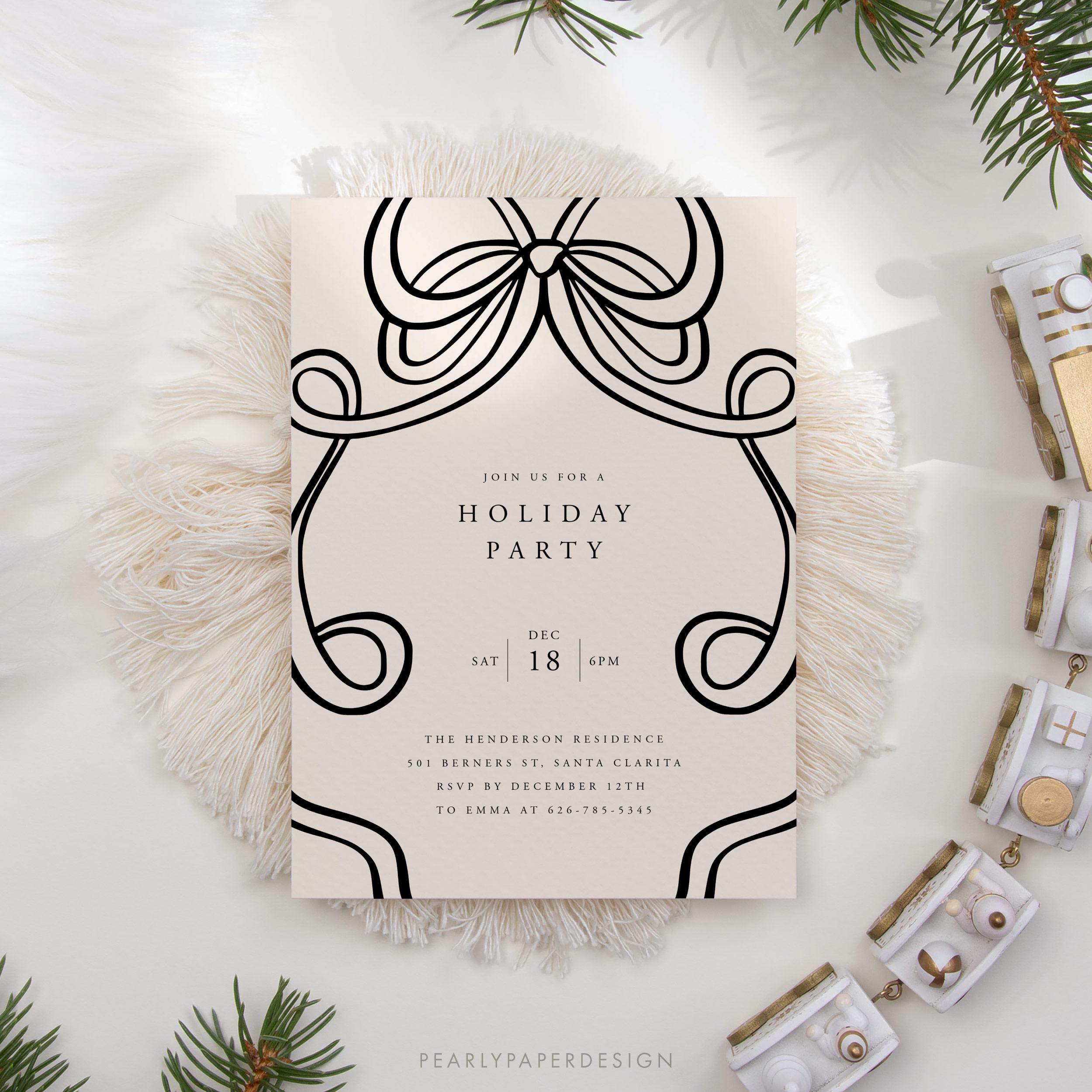Holiday Party Invite With Bow, Modern Holiday Party Invitation Template ...