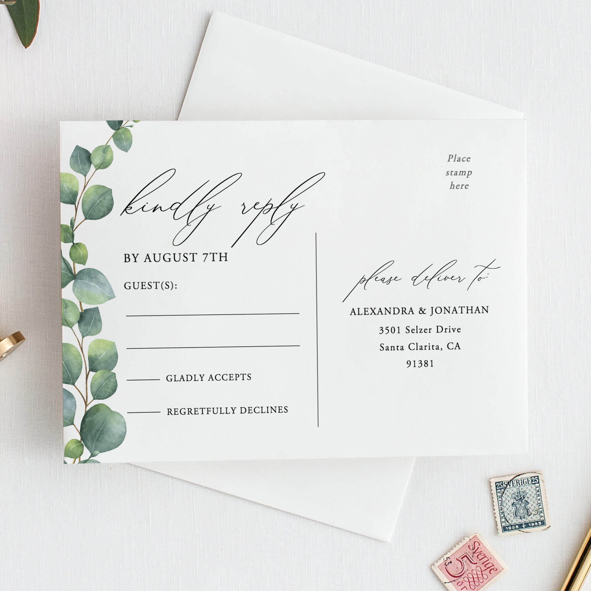 Rustic RSVP Card Template Eucalyptus RSVP Postcard Wedding Insert ...