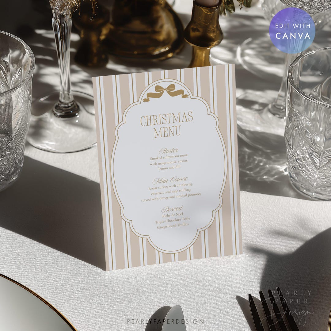 Christmas Menu Template, Modern Holiday Menu, Warm Beige Striped ...