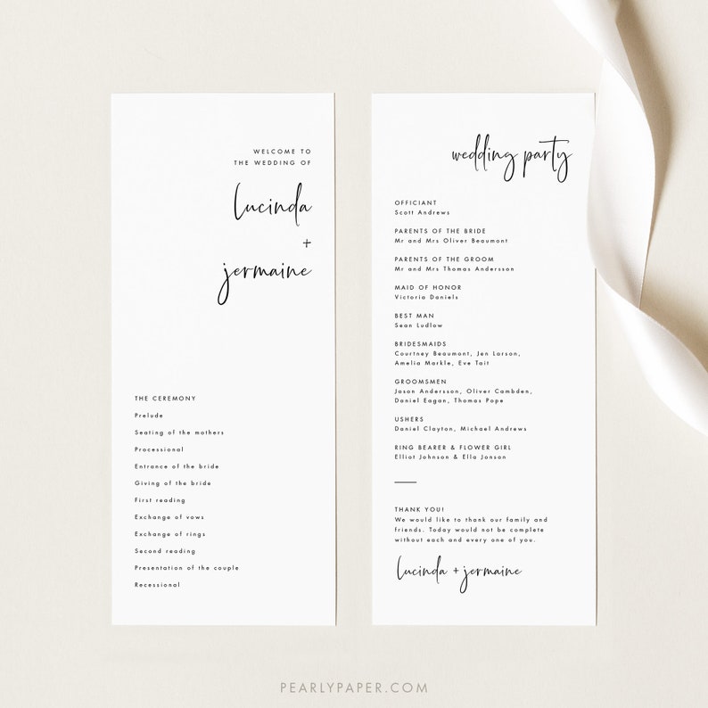 Simple Wedding Ceremony Program Template Modern Program | Etsy
