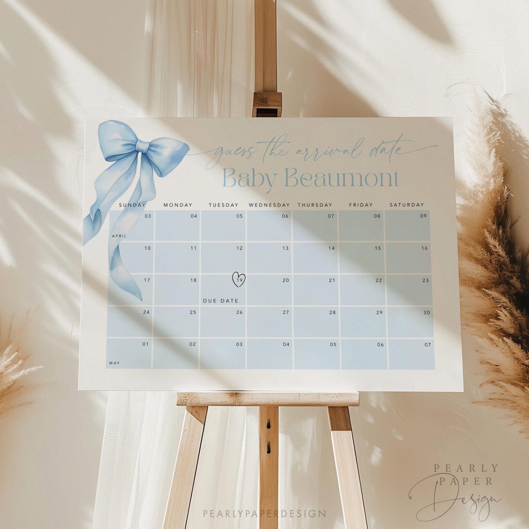 Blue Bow Due Date Calendar Sign Template, Coquette Baby Shower Calendar ...