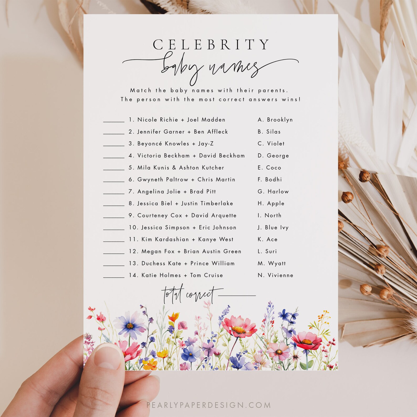 Celebrity Baby Name Game Template, Floral Baby Shower Game, Boho Baby ...