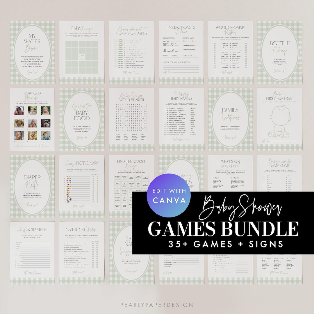Green Gingham Baby Shower Games Bundle, Baby Shower Games Bundle, Green ...