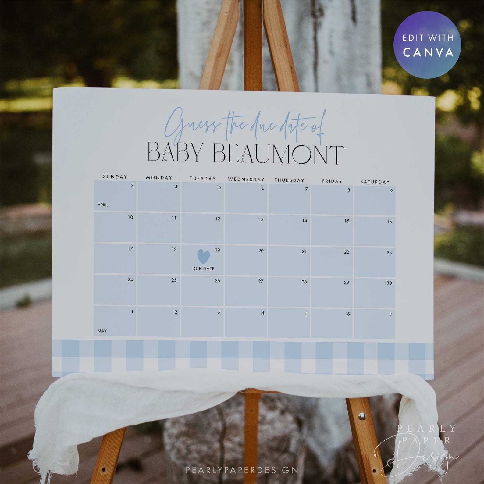 Blue Gingham Due Date Calendar Sign, Boy Baby Shower Calendar Game ...