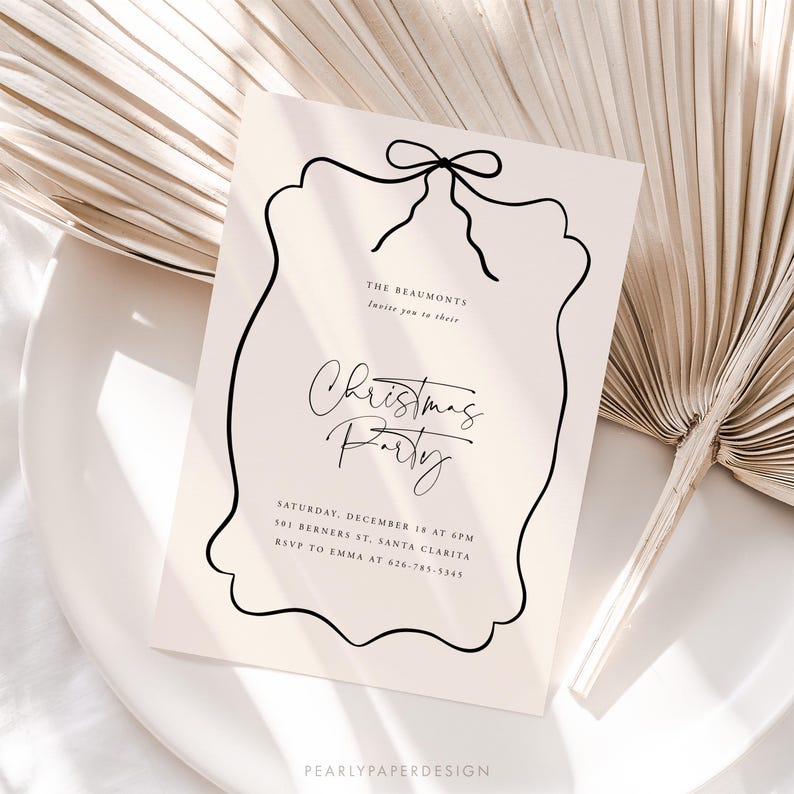Christmas Party Invite With Bow, Modern Holiday Party Invitation ...