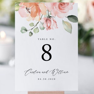 Table Numbers Template Wedding Table Number Cards Floral Wedding Peach ...
