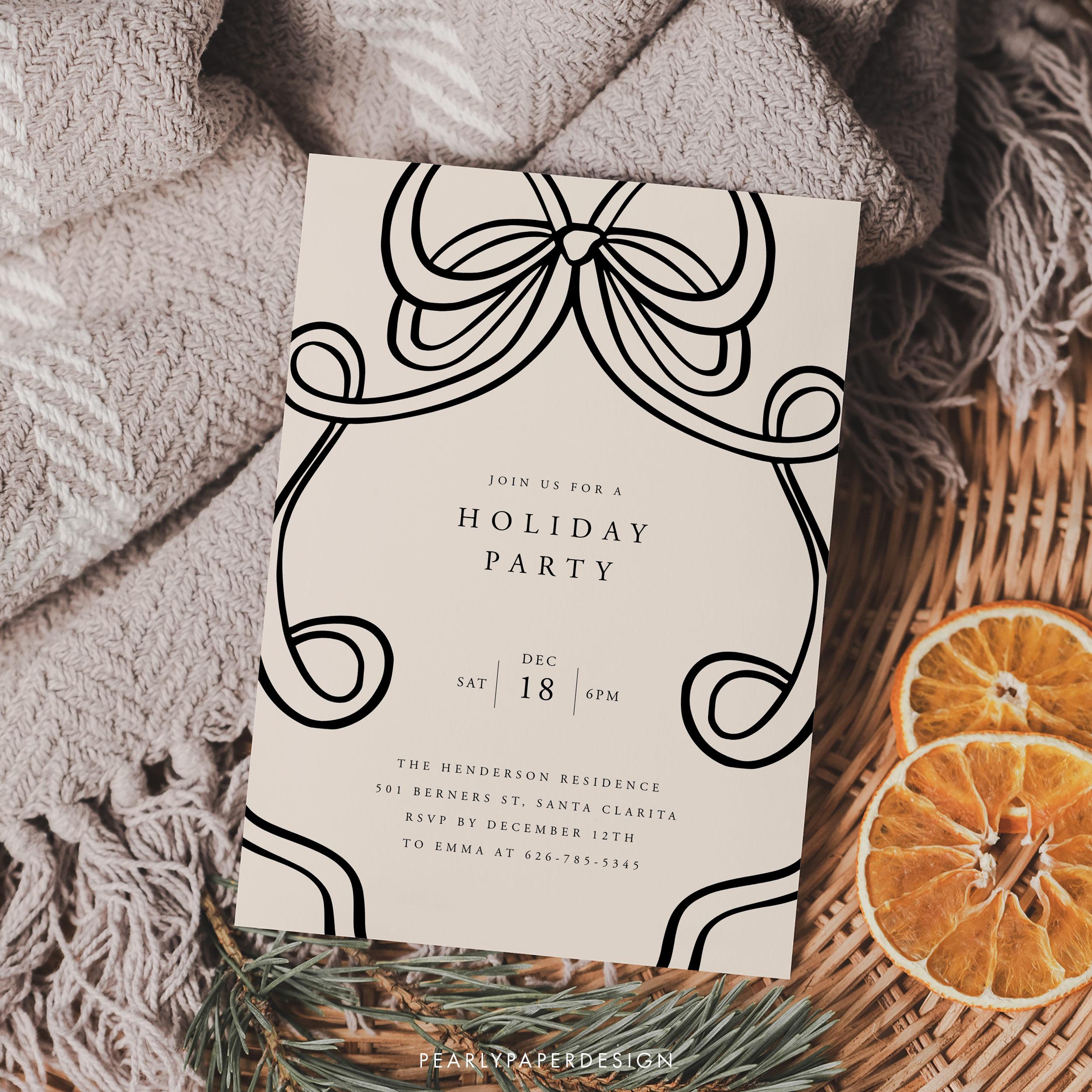 Holiday Party Invite With Bow, Modern Holiday Party Invitation Template ...