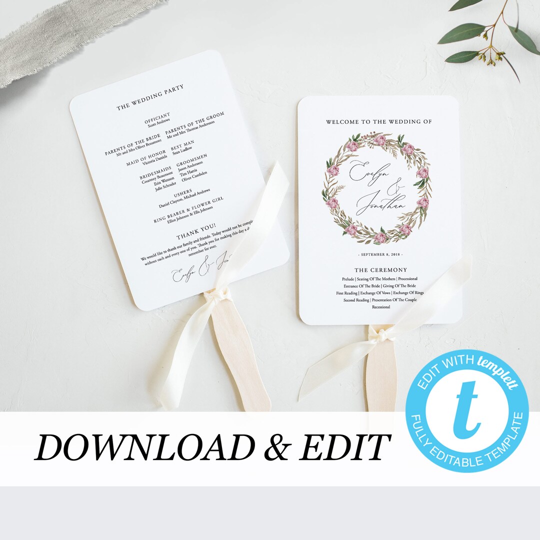 Wedding Program Fan Template Printable Editable Wedding Program ...