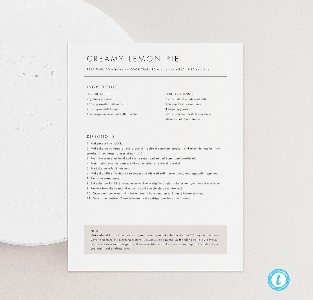 Editable Recipe Template Download Recipe Page Personalized Recipe ...