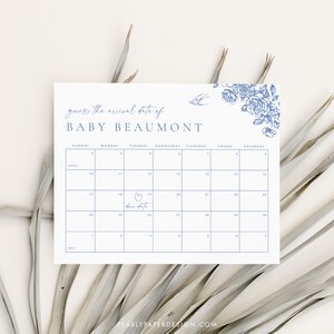 Due Date Calendar Sign Template, Blue Floral Baby Shower Calendar Game ...
