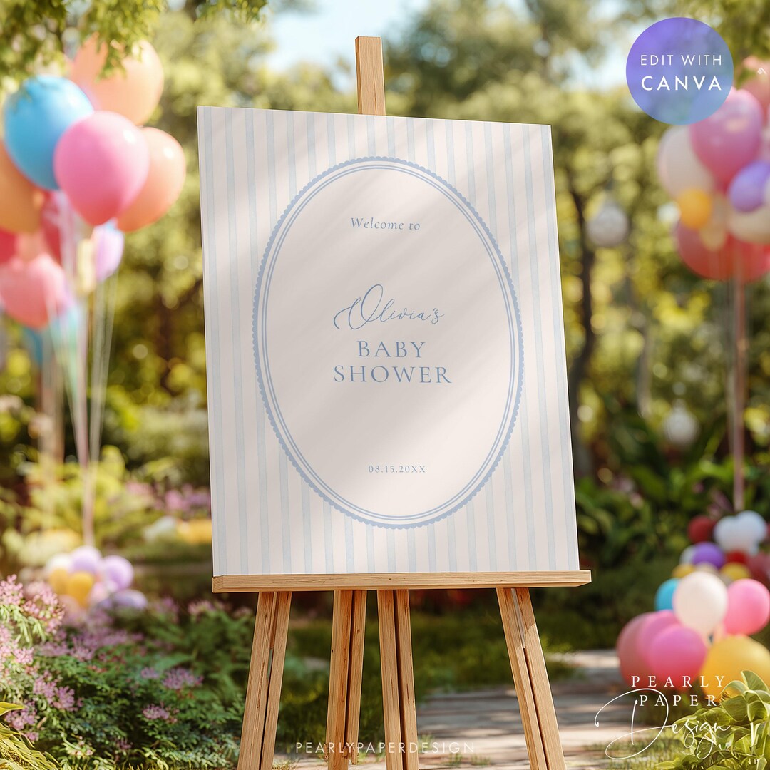 Blue Striped Baby Shower Welcome Sign Template (canva) - Etsy