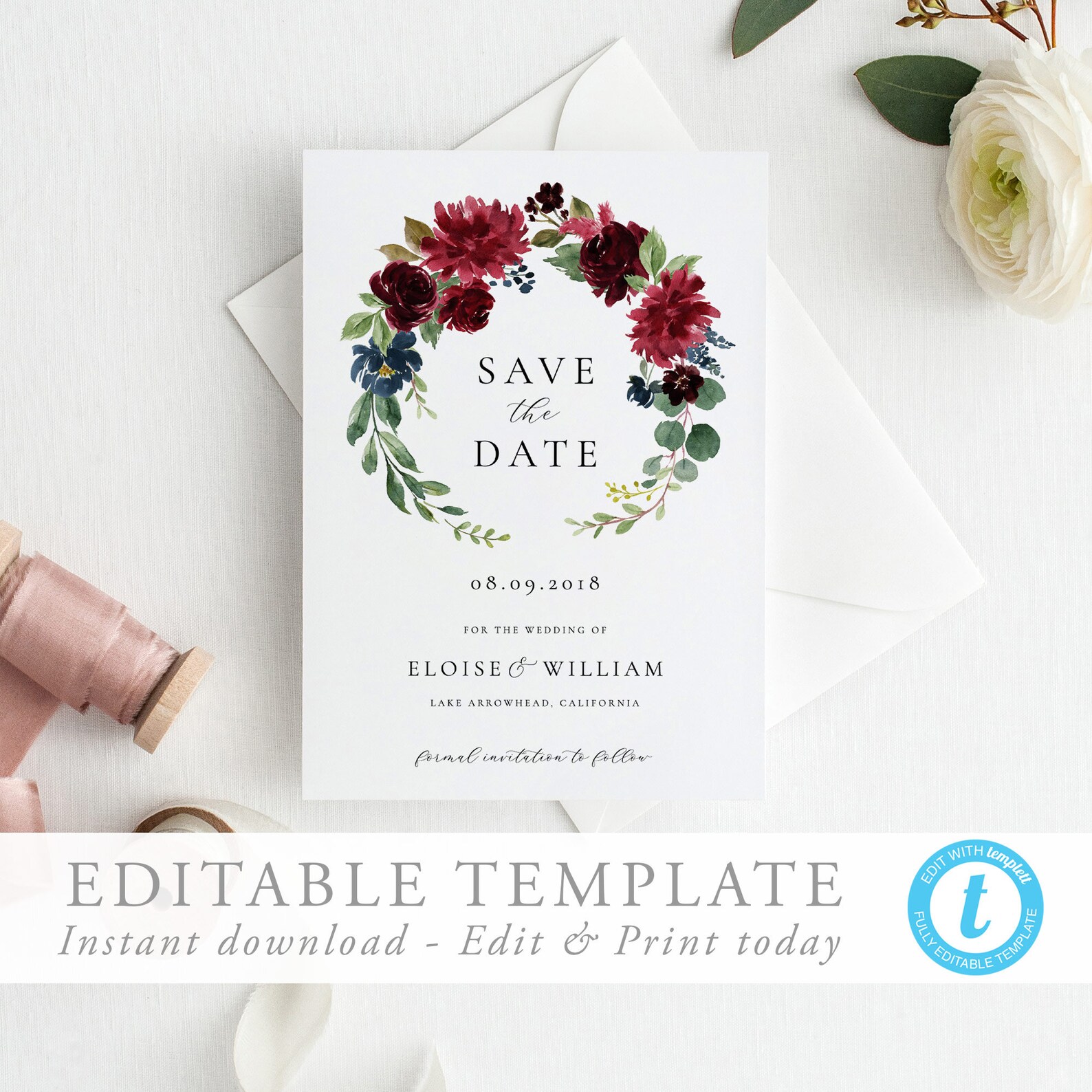 Save the Date Template Editable Save Our Date Invitation Templett Boho ...
