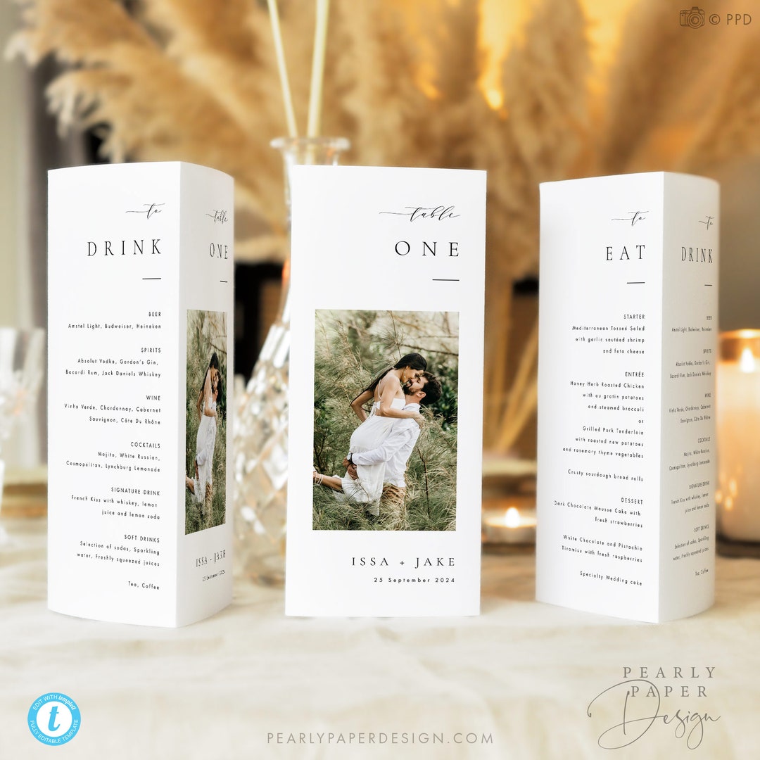 Trifold Table Number Template With Photo, Minimalist Wedding Menu ...
