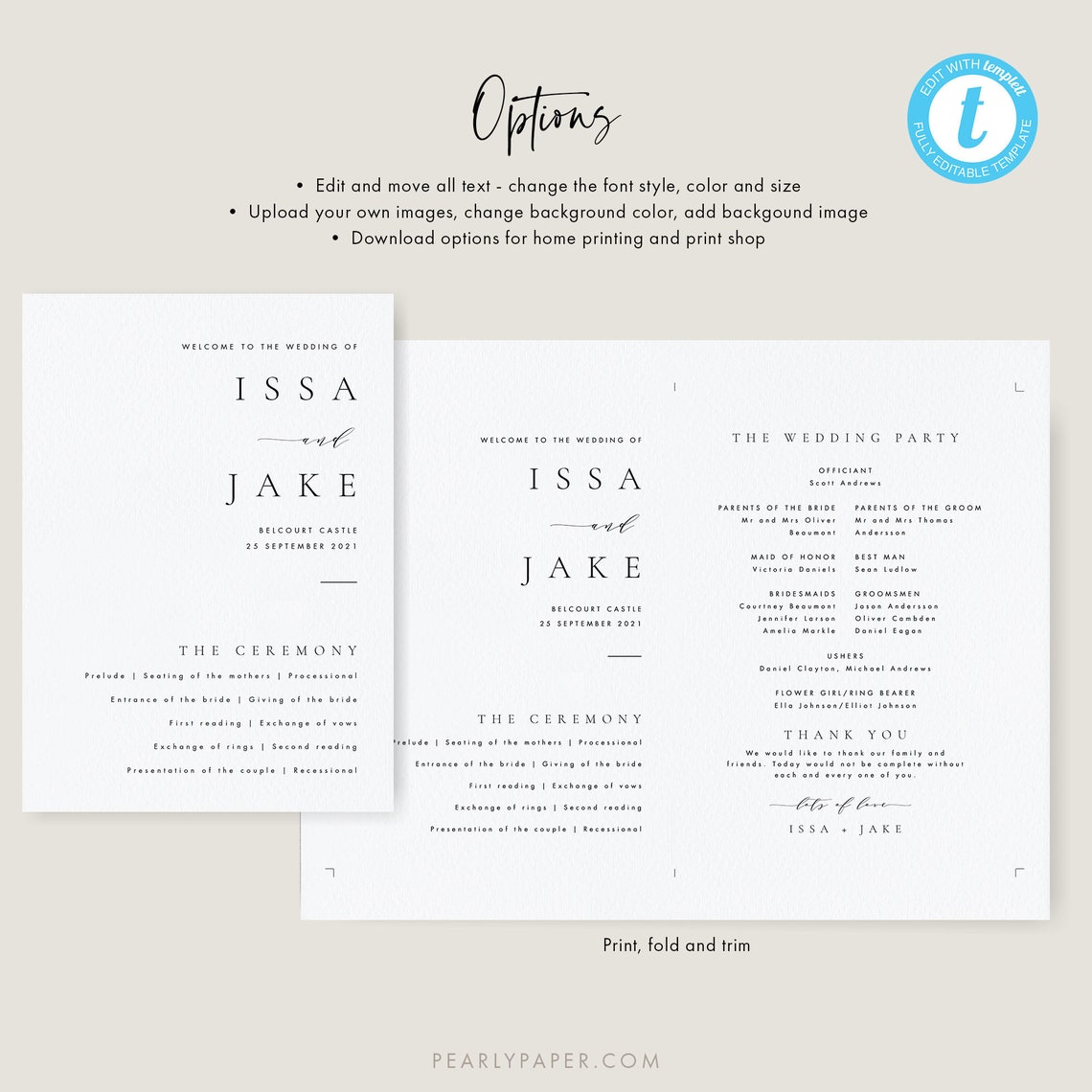 Elegant Wedding Ceremony Program Fan Template Download Simple - Etsy