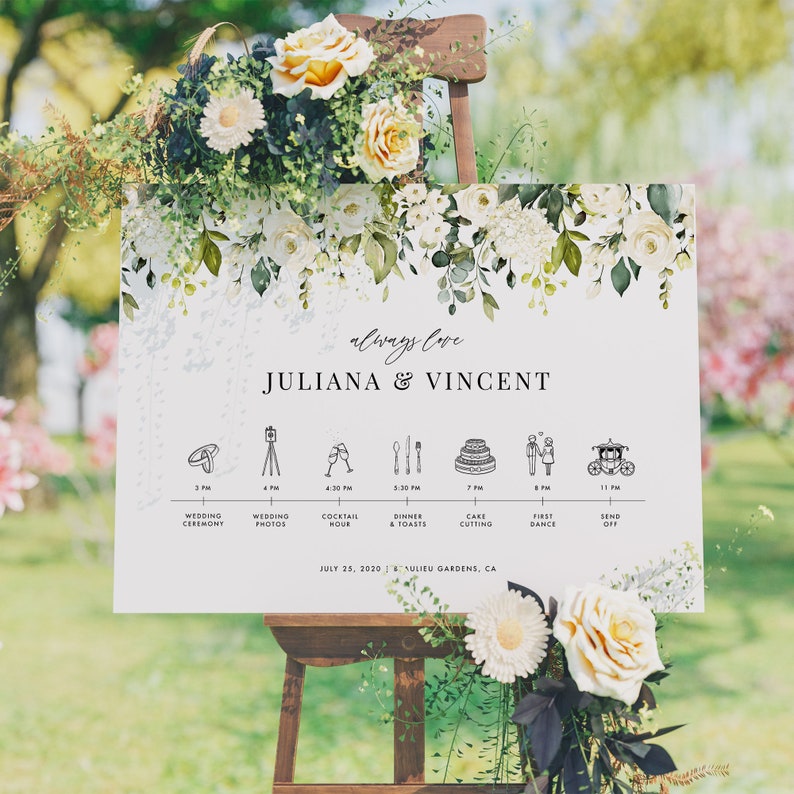 White Floral Wedding Day Schedule Sign Template Download Floral Wedding ...