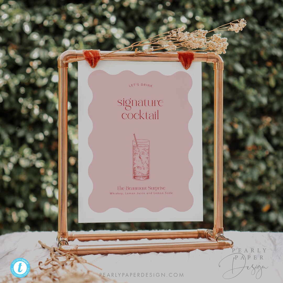 Retro Signature Cocktails Sign Template, Pink and Red Wedding Bar Sign ...