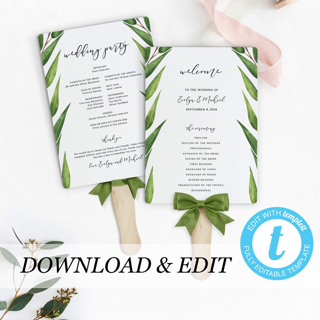 Rustic Wedding Program Fan Template, Instant Download Green Leaves, Templett Printable Template ...