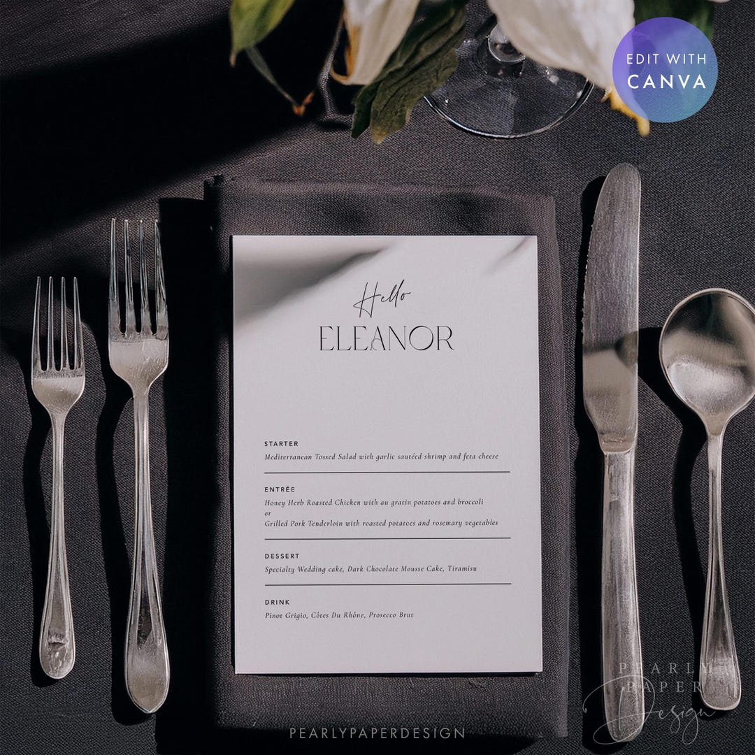 Wedding Menu Card Template, Modern Wedding Menu, Table Setting Menu ...
