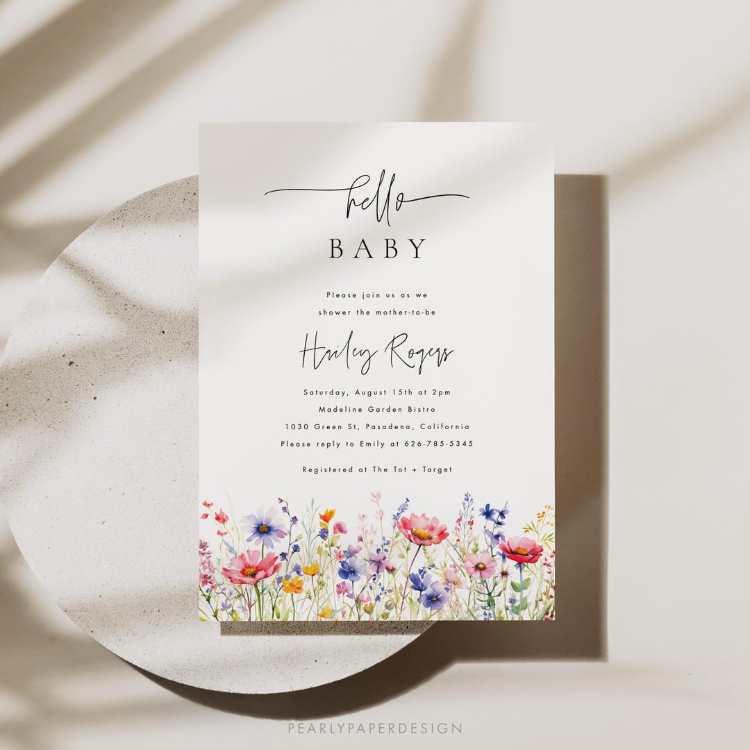 Hello Baby Shower Invite Template, Wildflower Baby Shower Invitation ...