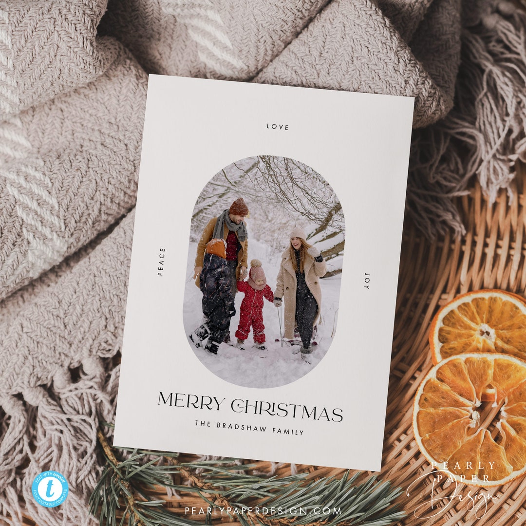 Printable Christmas Card Template, Oval Arch Minimalist Photo Holiday ...