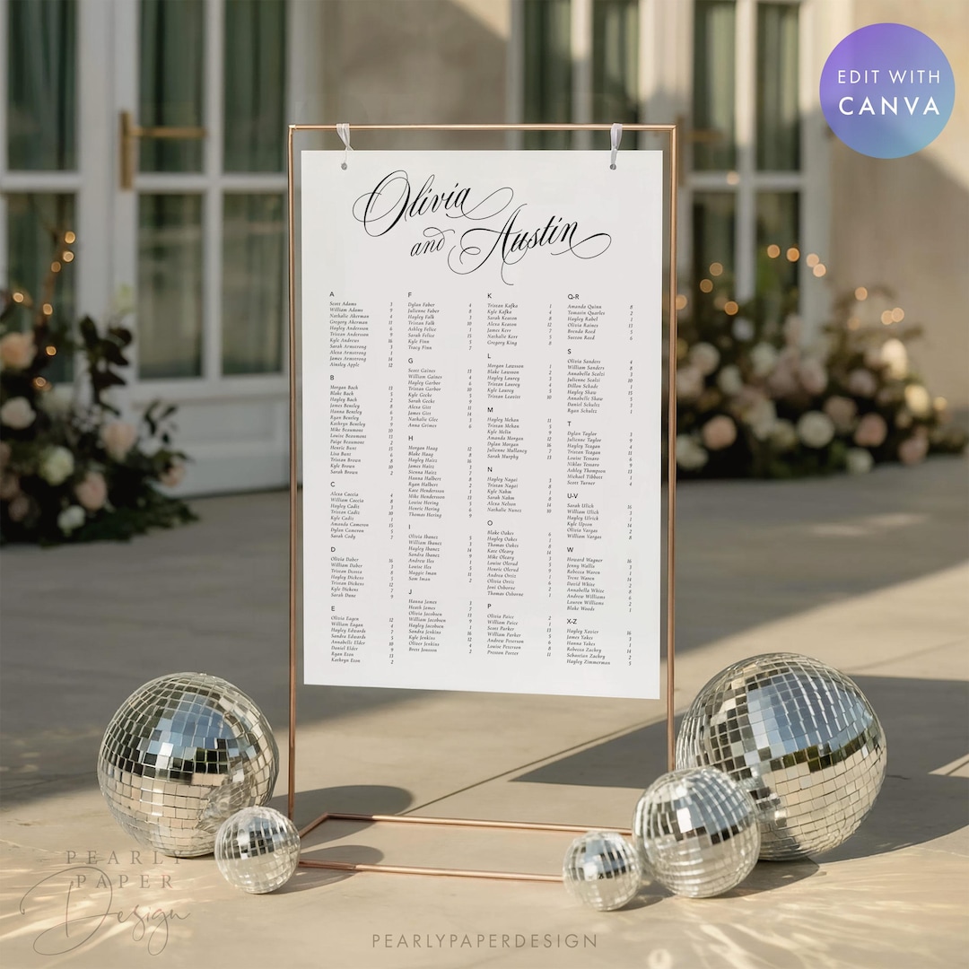 Alphabetical Seating Chart Template, Elegant Wedding Seating Sign ...