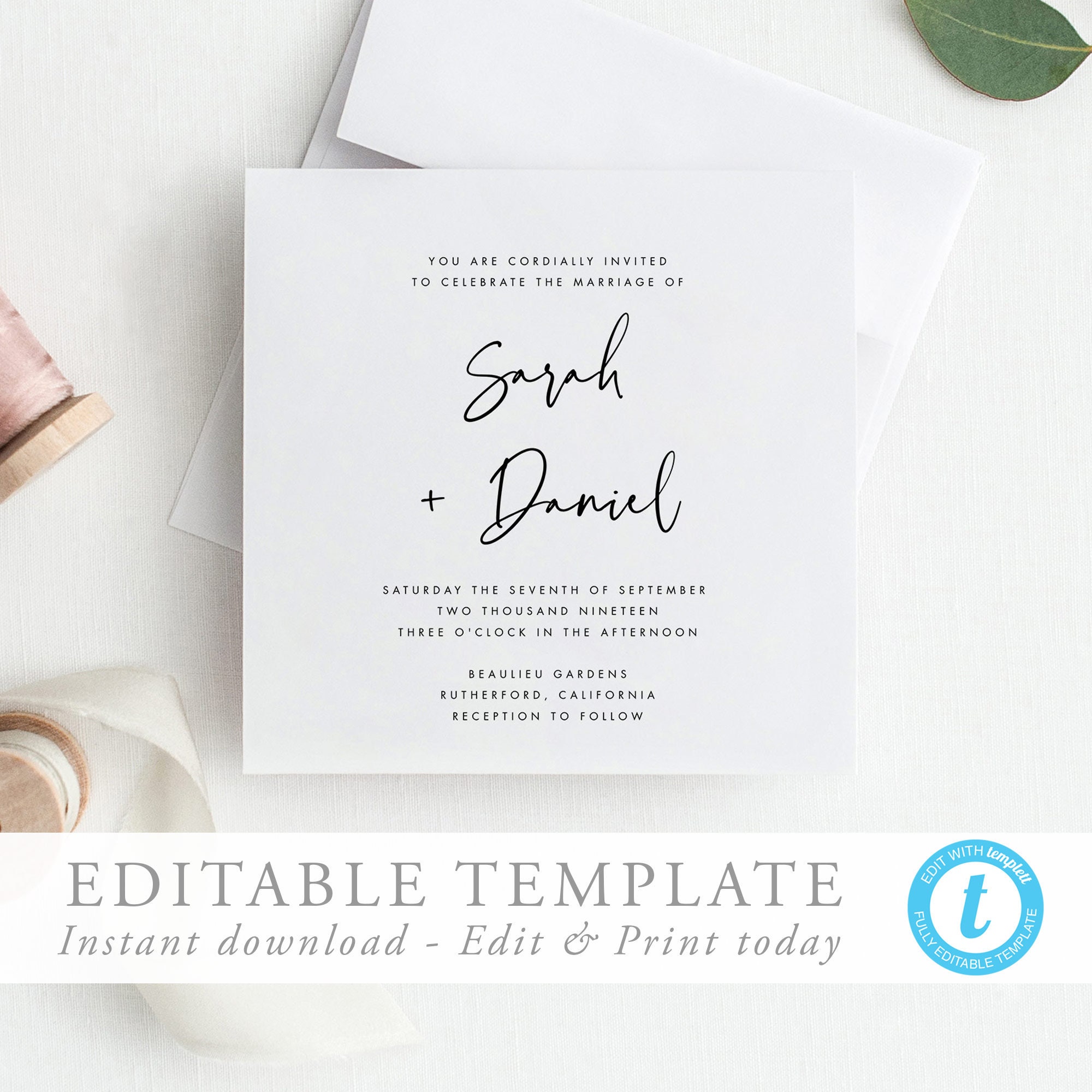 Square Wedding Invitation Template Templett Simple | Etsy