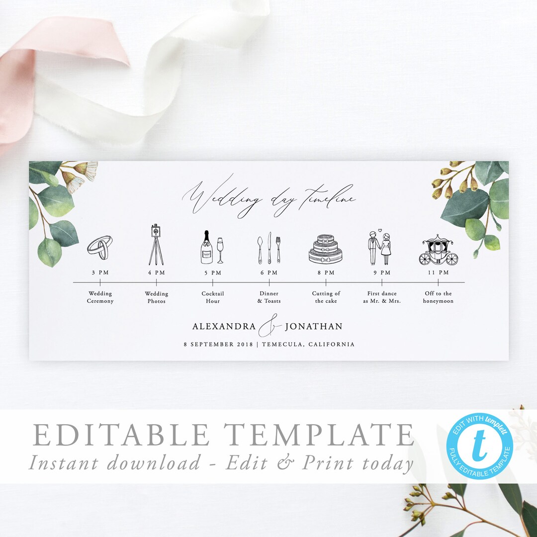 Eucalyptus Wedding Day Itinerary Card Editable Wedding Day Timeline ...