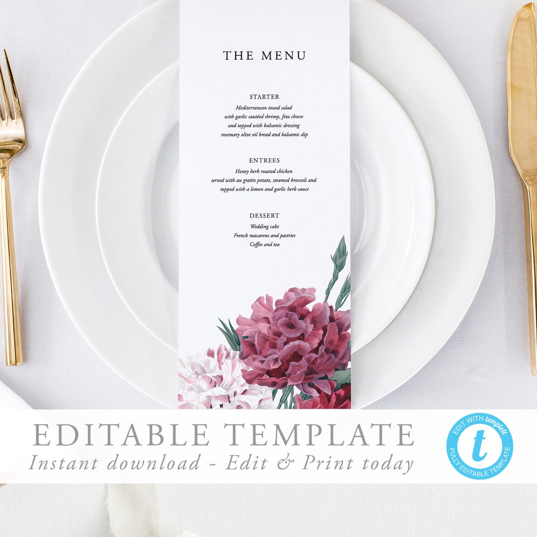 Printable Wedding Menu, Flowers Wedding Menu Template, Floral Menu ...