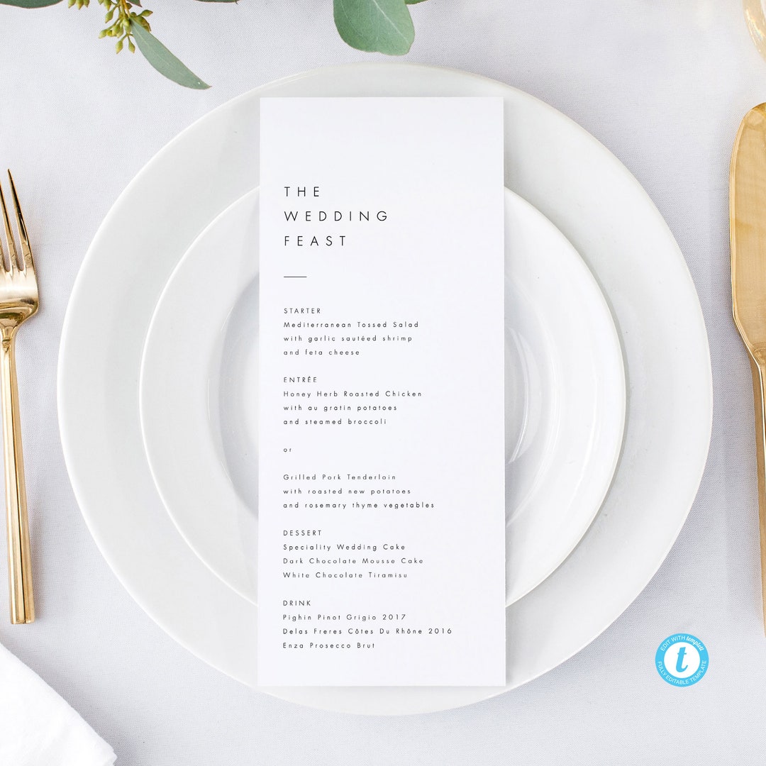 Minimalist Menu Template Download Modern Wedding Menu Simple Menu Cards ...