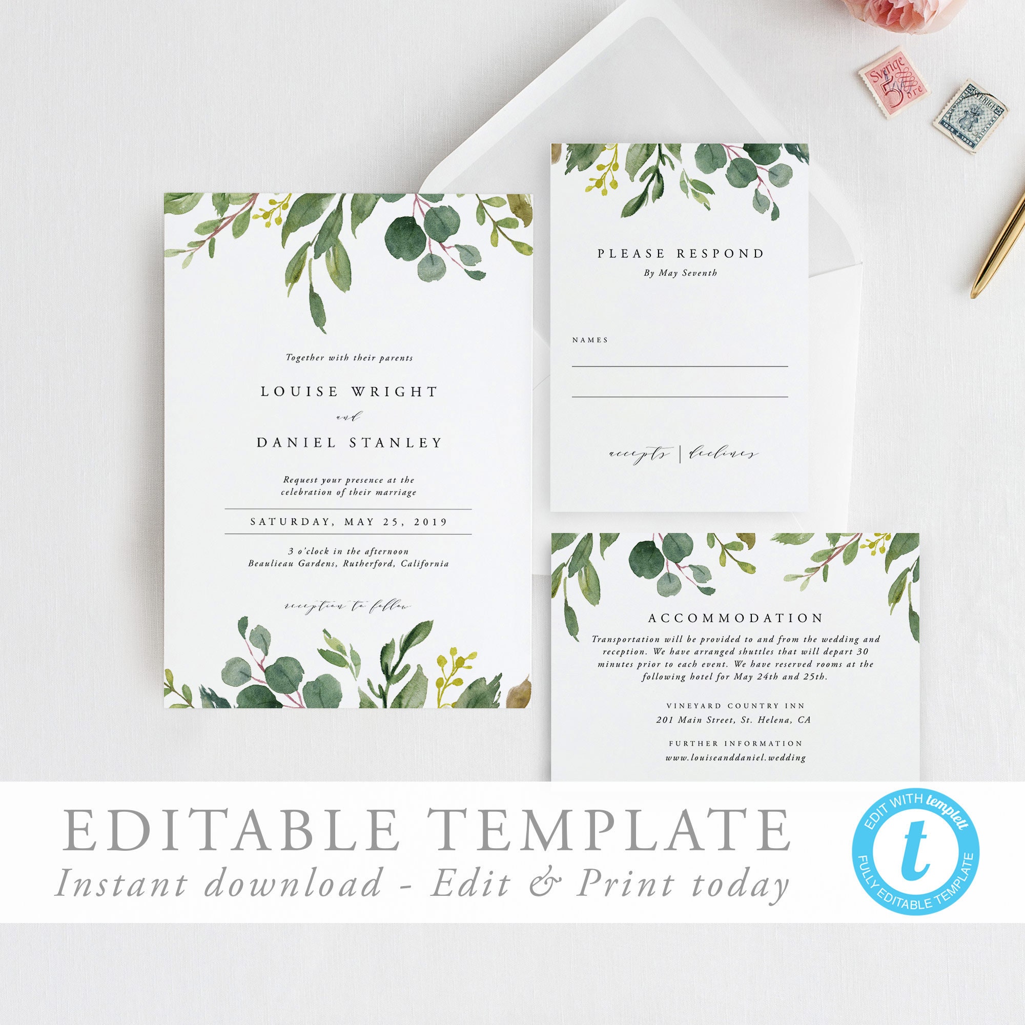 Greenery Wedding Invitation Template Printable Wedding Invite | Etsy