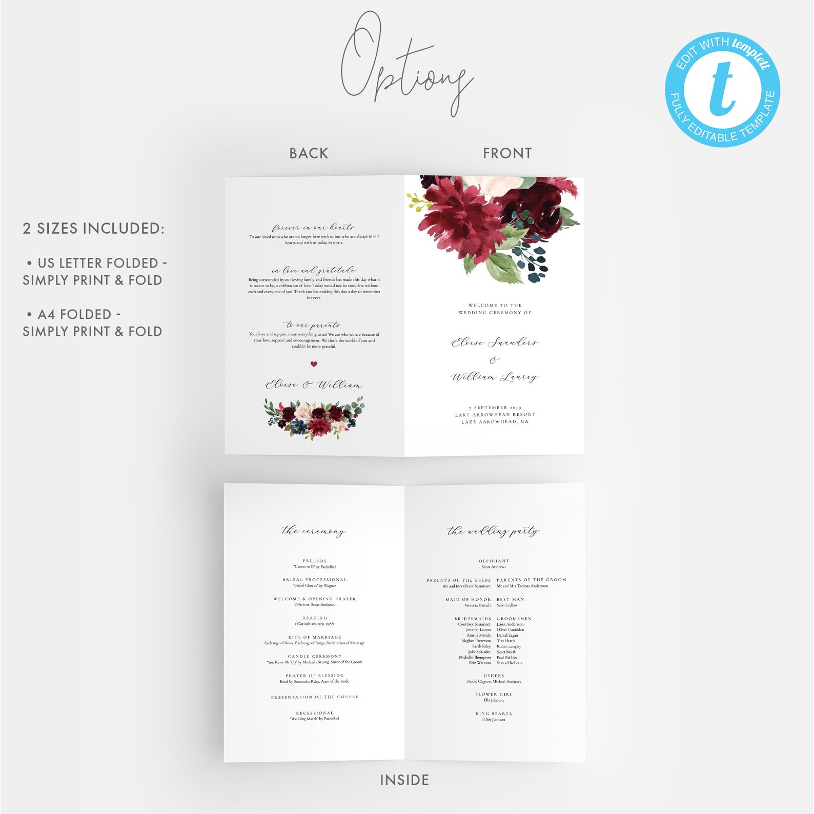 Floral Wedding Program Template Rustic Wedding Ceremony - Etsy