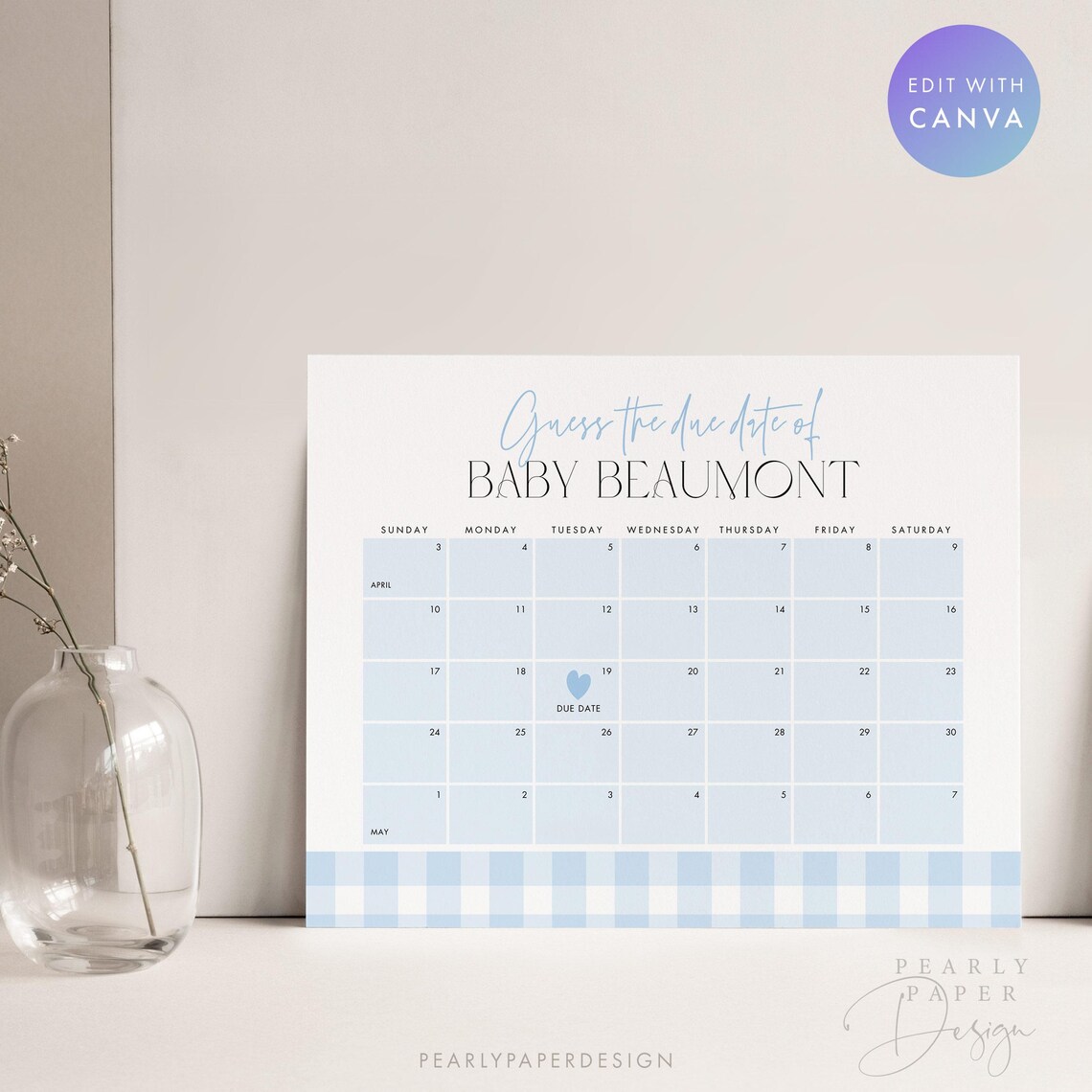 Blue Gingham Due Date Calendar Sign, Boy Baby Shower Calendar Game ...