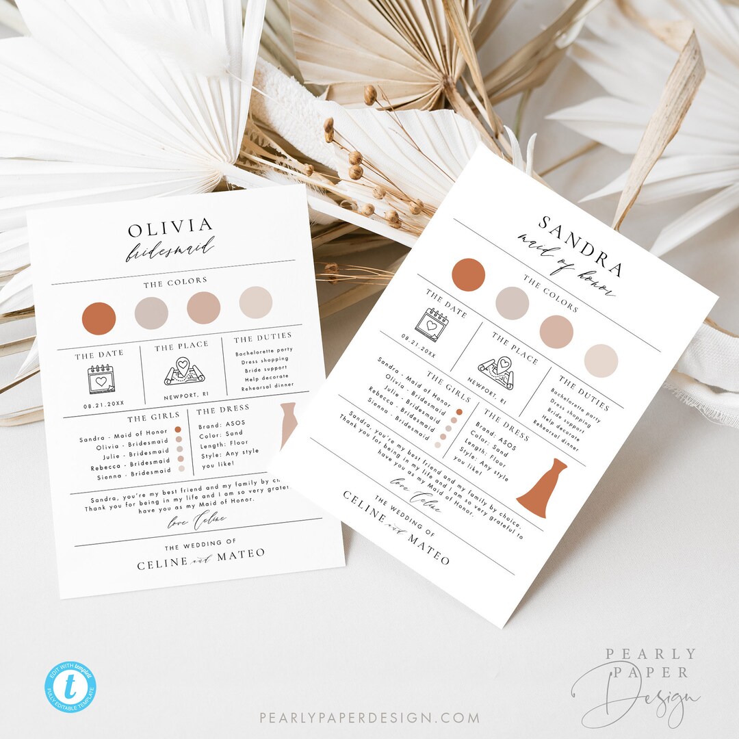 Bridesmaid Info Card Template, Modern Bridal Party Info Card, Wedding ...