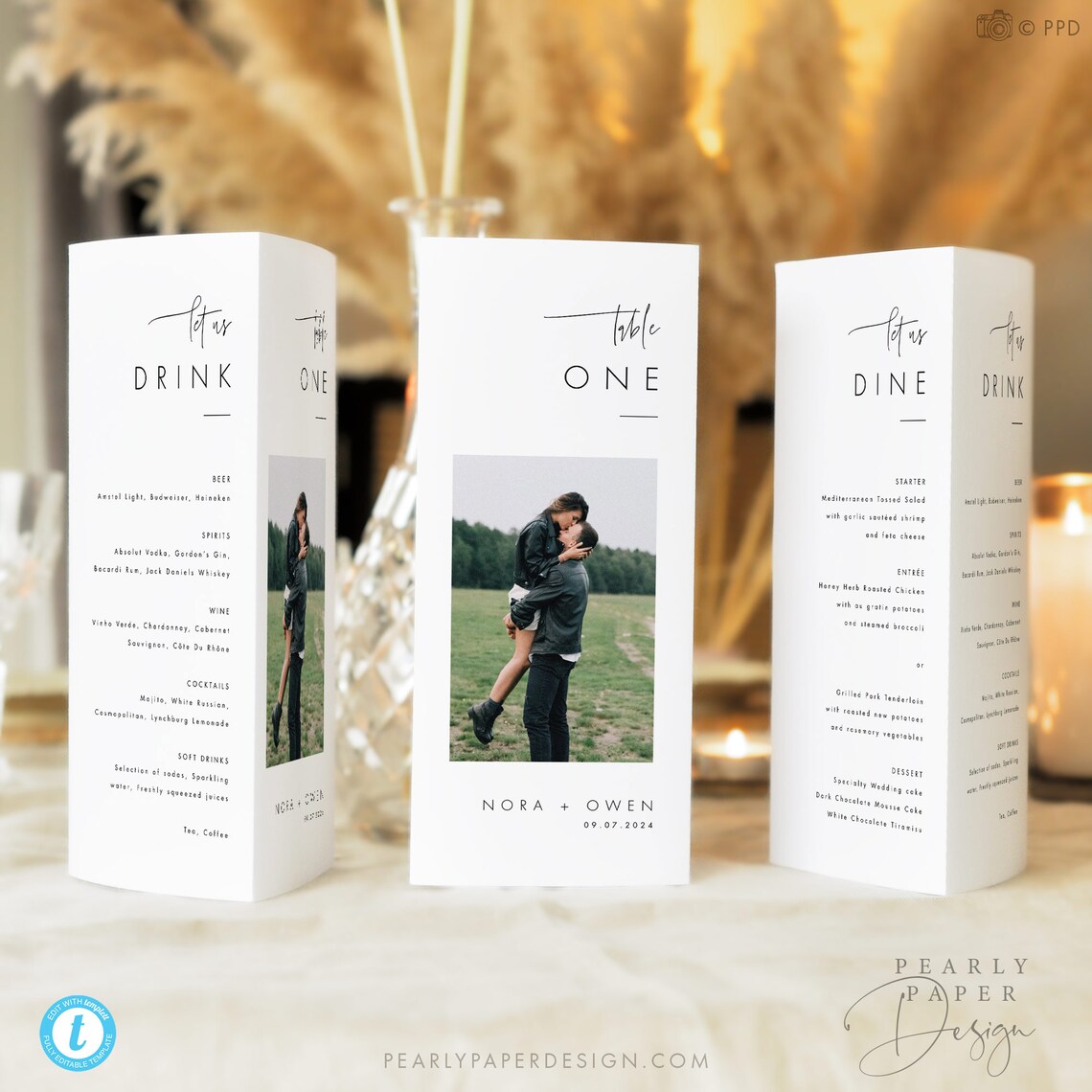 Trifold Table Number Template With Photo, Minimalist Wedding Menu ...