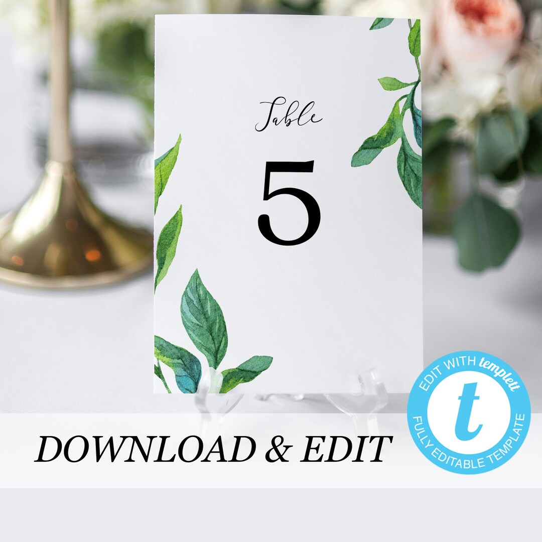 Greenery Table Numbers Template for Wedding, Edit, Download and Print ...
