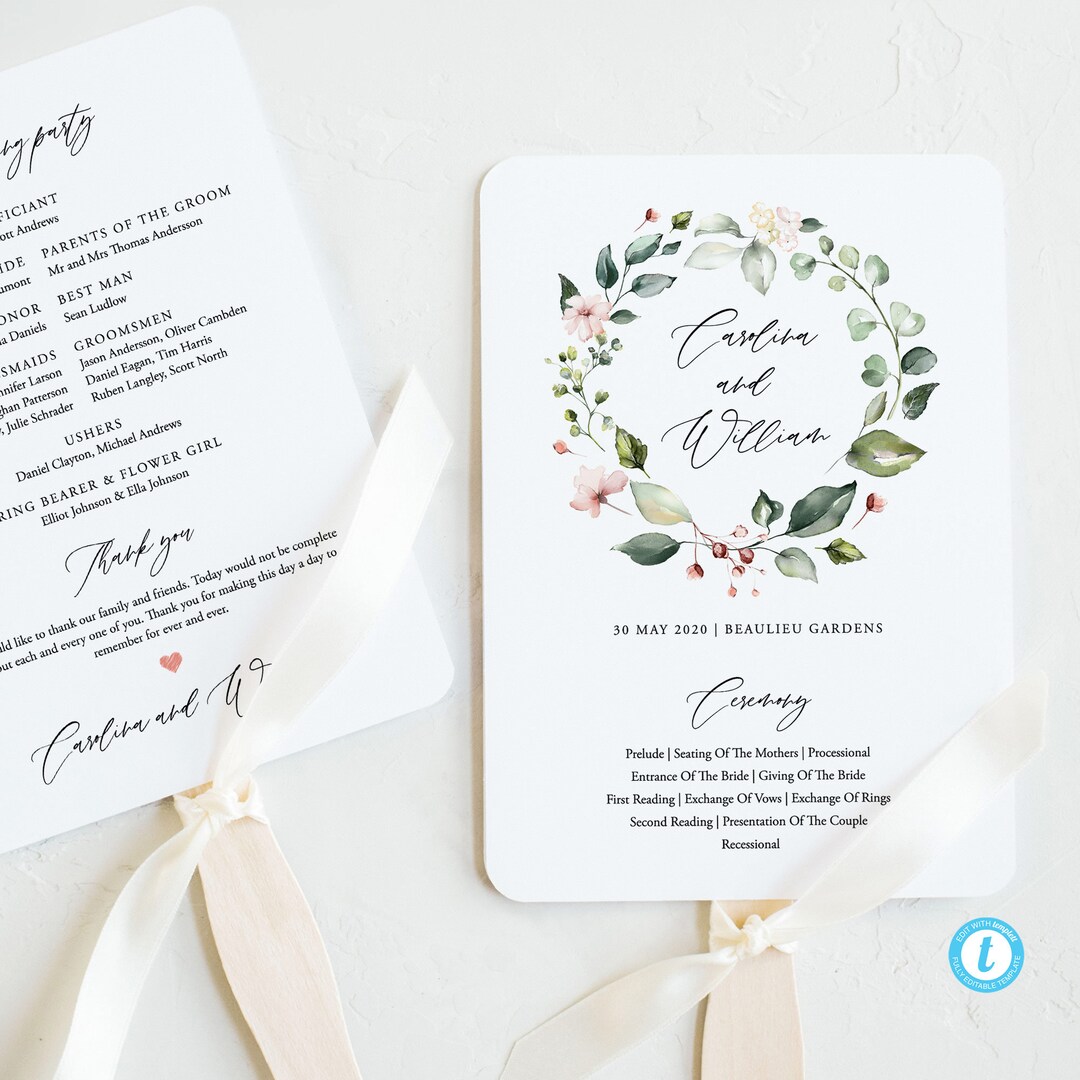 Wedding Program Fan Printable Wedding Ceremony Fan Template Floral ...