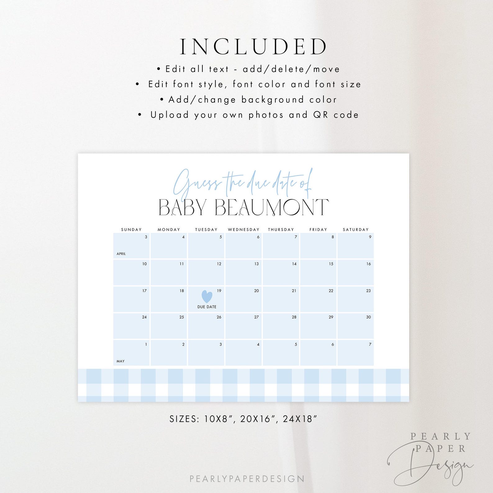 Blue Gingham Due Date Calendar Sign, Boy Baby Shower Calendar Game ...