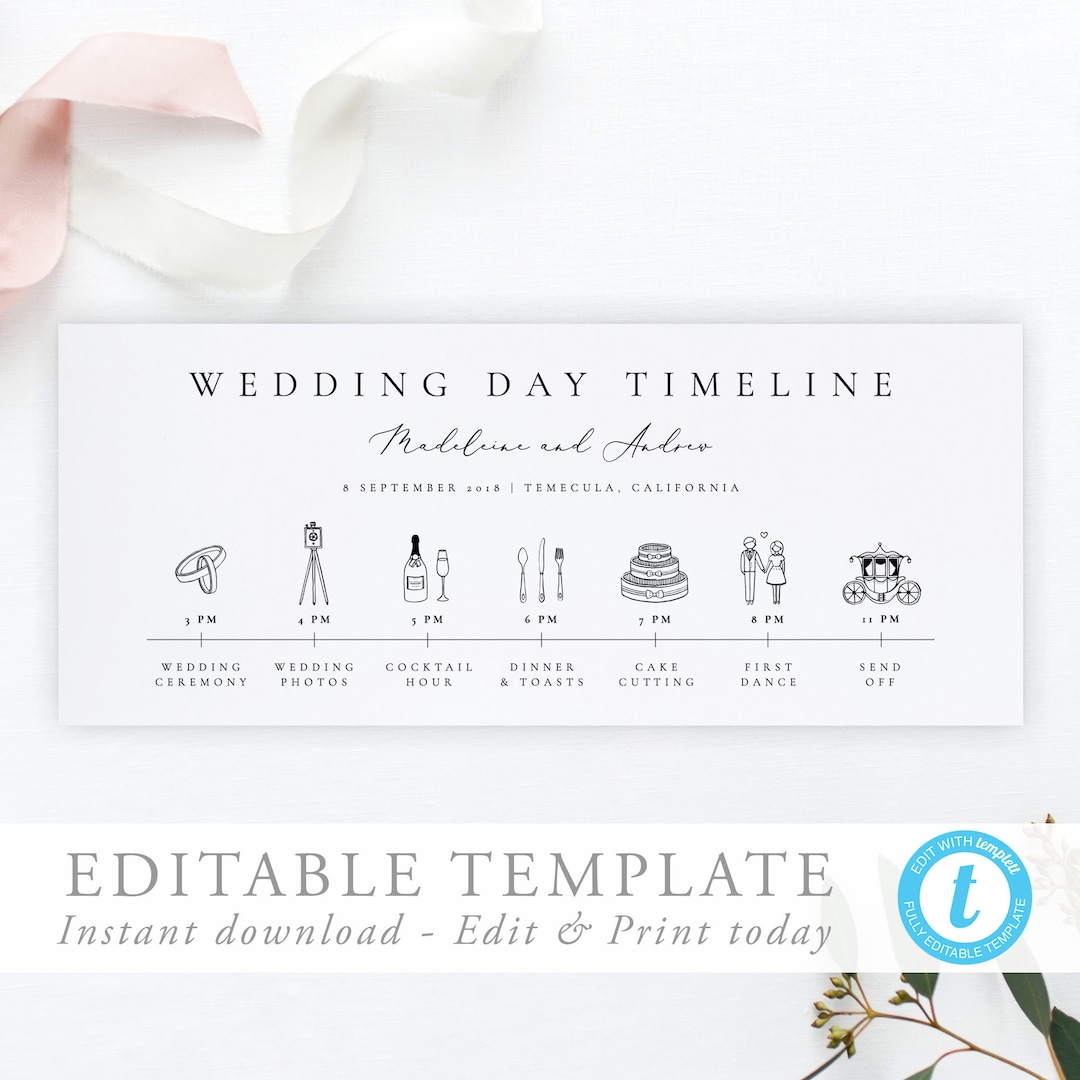 Modern Wedding Day Timeline Card Template Simple Wedding Itinerary ...