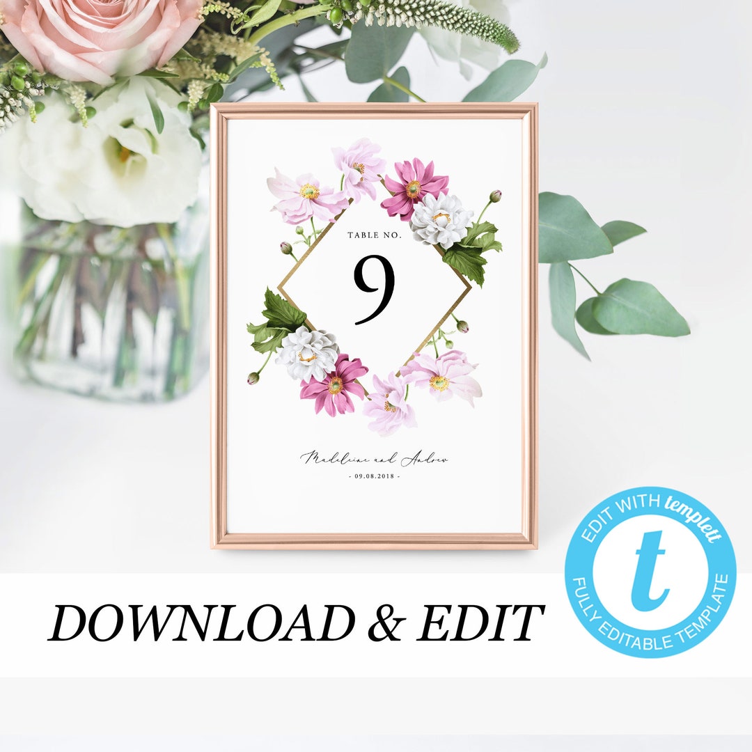 Floral Table Numbers Template Templett Wedding Table Number Sign ...