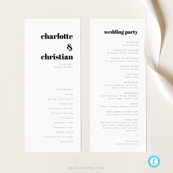 Modern Wedding Program Template Minimalist Ceremony Program - Etsy