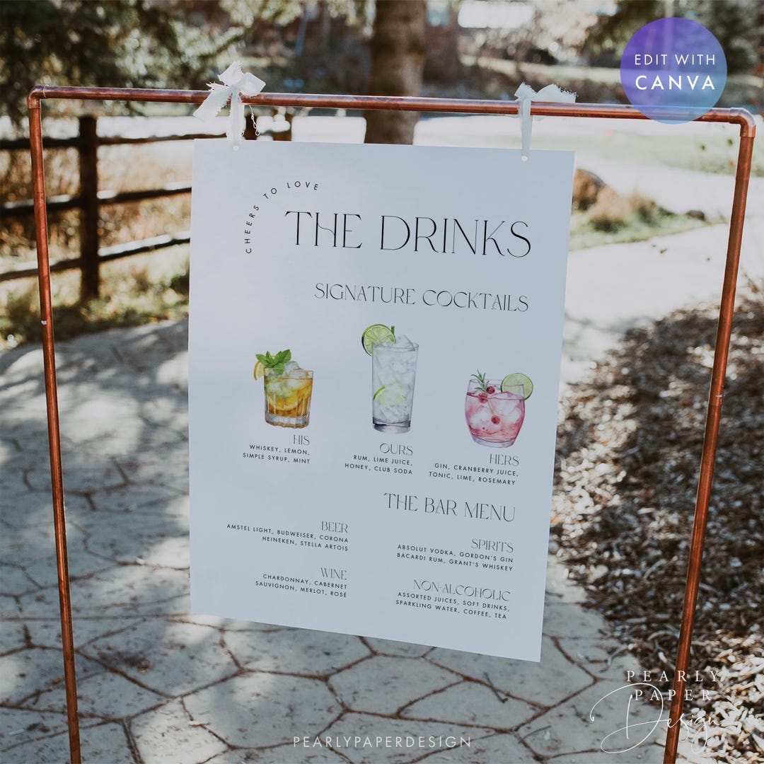 Modern Bar Menu Template, Signature Dinks Menu Sign, Wedding Cocktail ...
