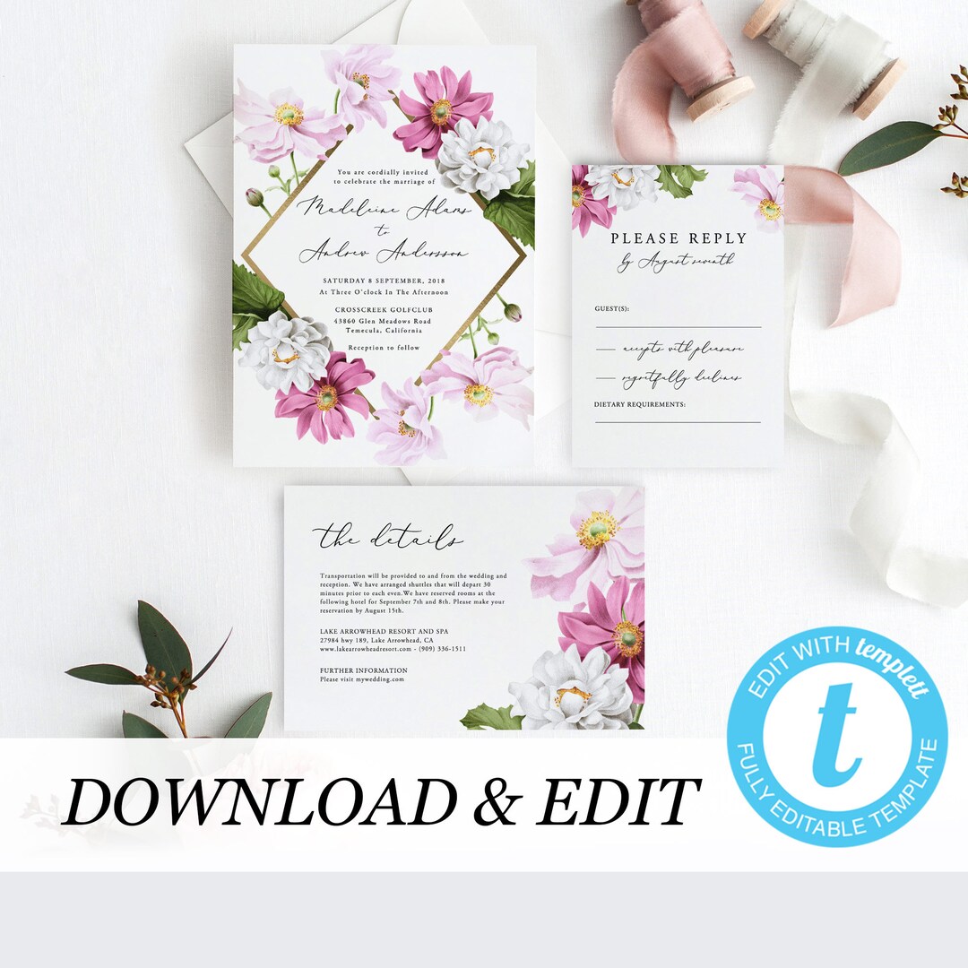 Floral Wedding Invitation Printable Invitation Template Templett ...