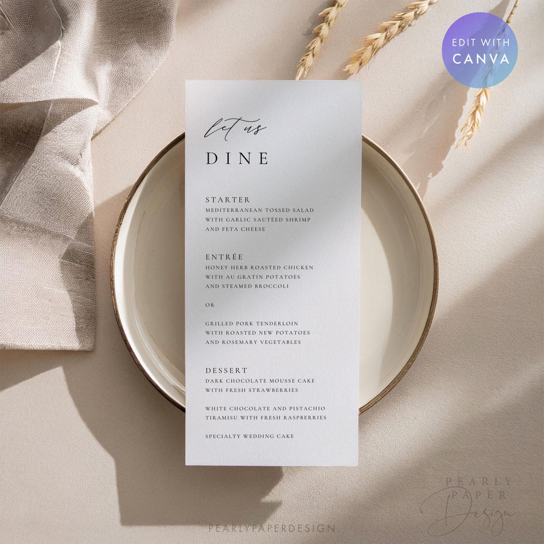 Elegant Wedding Menu Template, Printable Dinner Menu, Dinner Table ...