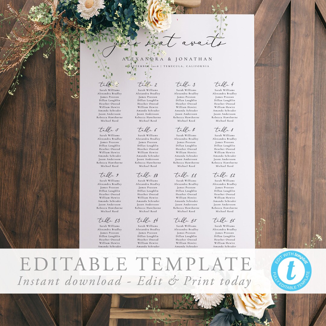 Table Seating Chart Template Editable Seating Elegant Wedding Seating ...