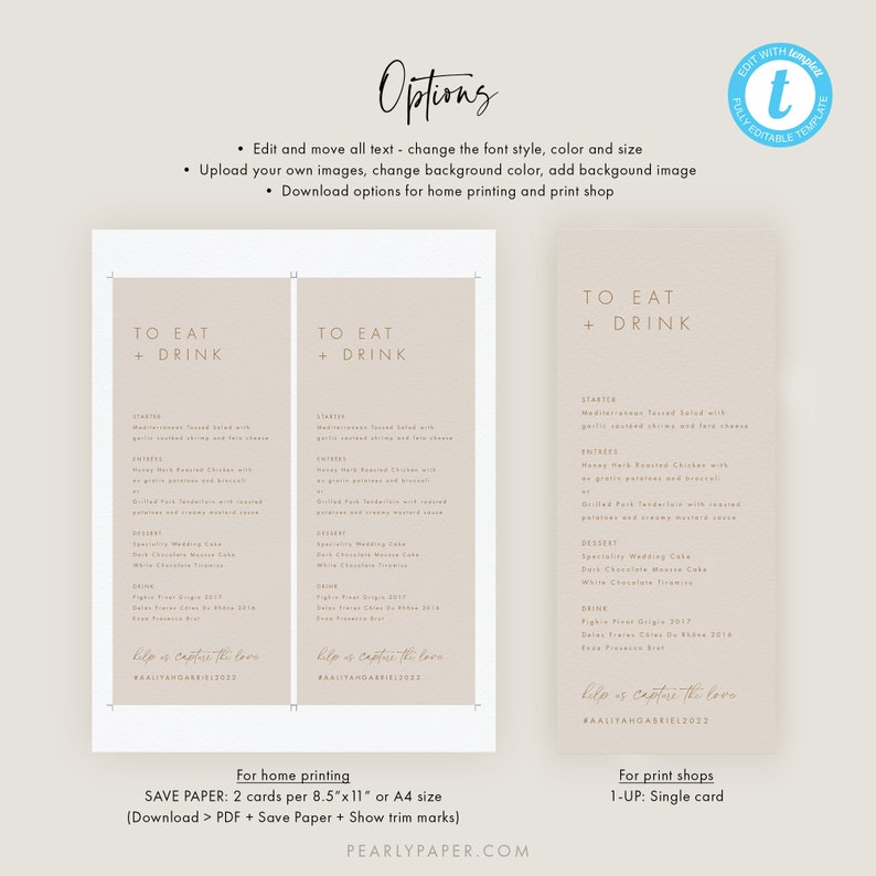 Beige Menu Template Download Desert Wedding Menu Simple Menu | Etsy