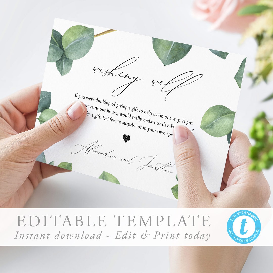 Rustic Wishing Well Card Wedding Wishing Well Card Eucalyptus Wedding Gift Request Template ...