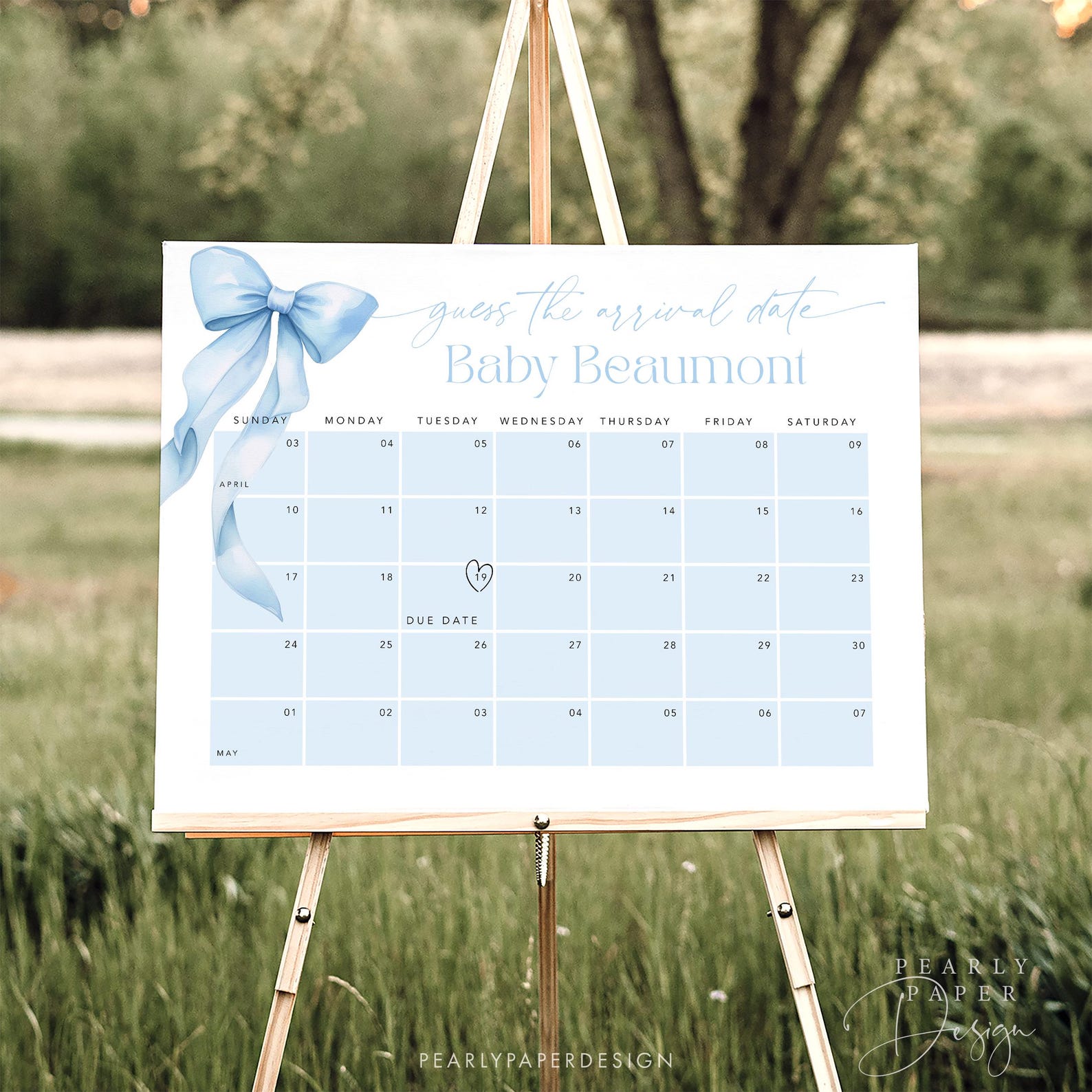 Blue Bow Due Date Calendar Sign Template, Coquette Baby Shower Calendar ...