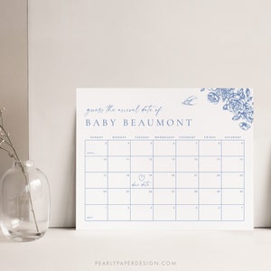 Due Date Calendar Sign Template, Blue Floral Baby Shower Calendar Game ...